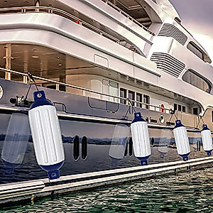 VEITHI Boat Fenders 4Pack, Ribbed Twin Eyes Vinyl Boat Fender Bumpers, Boat Bumpers for Docking Come with Ropes Needles and Pump to Inflate, Bumpers of Boats 8.5 x 27 inch White/Blue