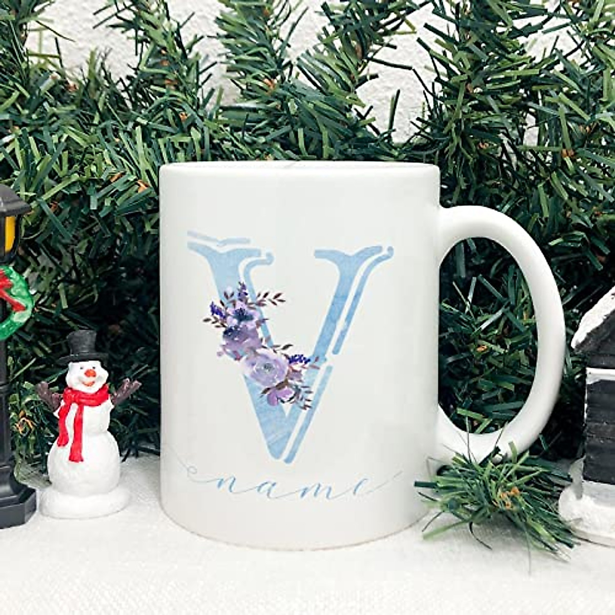 Monogram Letter V Coffee Mugs Watercolor Blue Letter Purple Flower Funny Coffee Mugs Alphabet Letters Ceramic Cup White Drinking Cups with Handle Novelty Gift For Espresso Latte Milk Tea 11oz