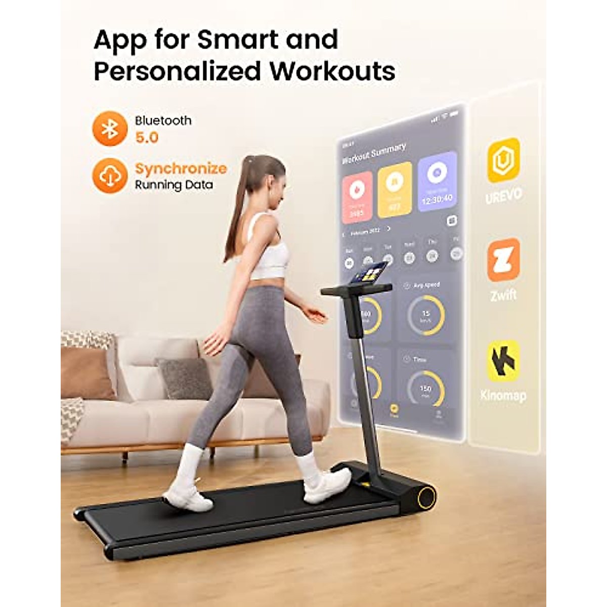 UREVO Under Desk Treadmill, Foldable Treadmill with APP, Folding Treadmill with Touch Screen, 2.5HP Walking Treadmill Under Desk, Walking pad Treadmill for Office with Handrail Black