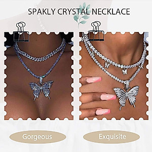 Zoestar Butterfly Choker Necklace Gorgeous 2 Layered Crystal Pendant Necklaces Sparkly Butterfly Chain Jewelry for Women