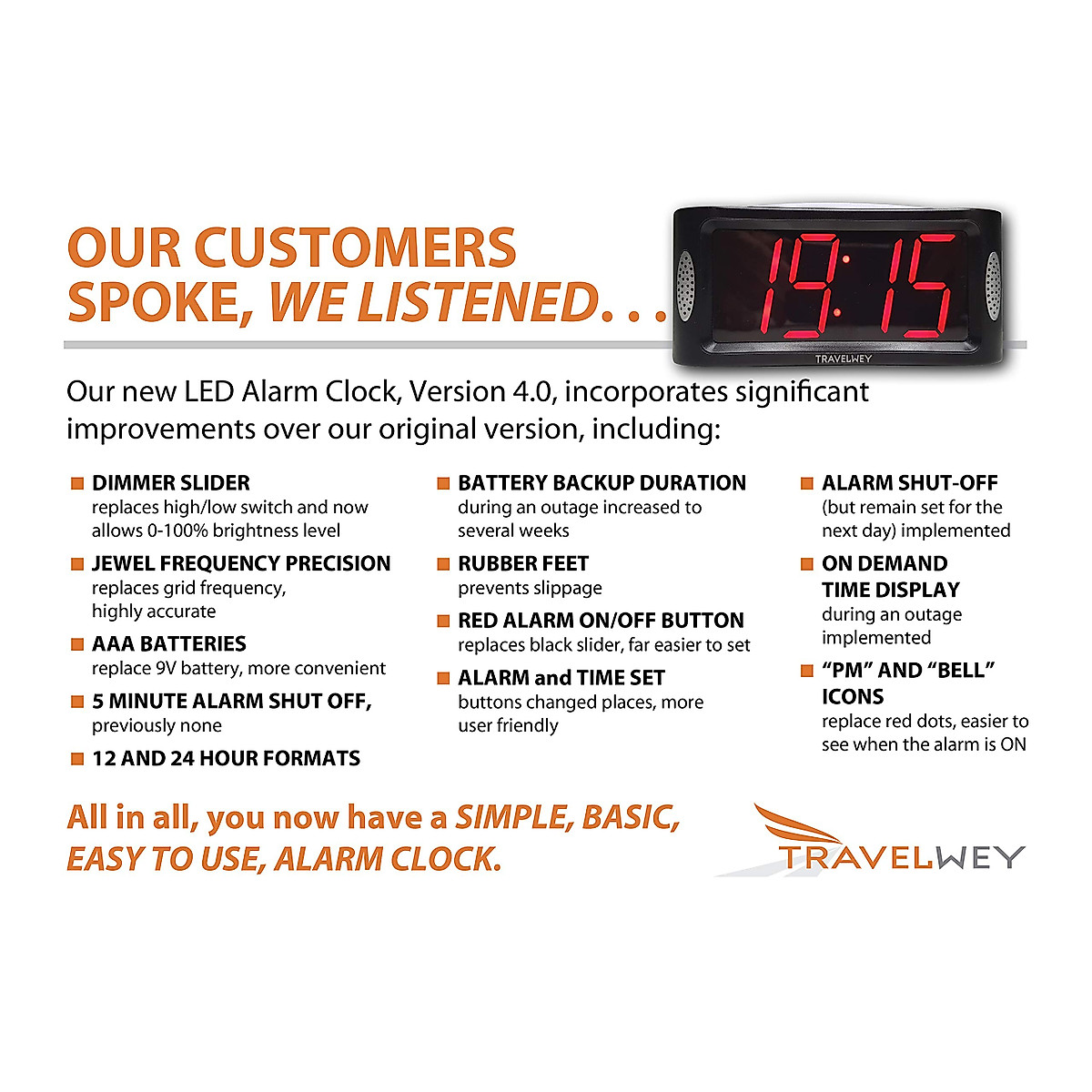 Travelwey Digital Alarm Clock - Outlet Powered, No Frills Simple Operation, Large Night Light, Alarm, Snooze, Full Range Brightness Dimmer, Big Red LED Digit Display, Black