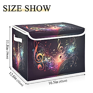 TecEr Music-notes Print Large Fabric Foldable Storage Bins with Lids and Handle, Decorative Storage Box Cube for Shelves Closet Home Bedroom Office