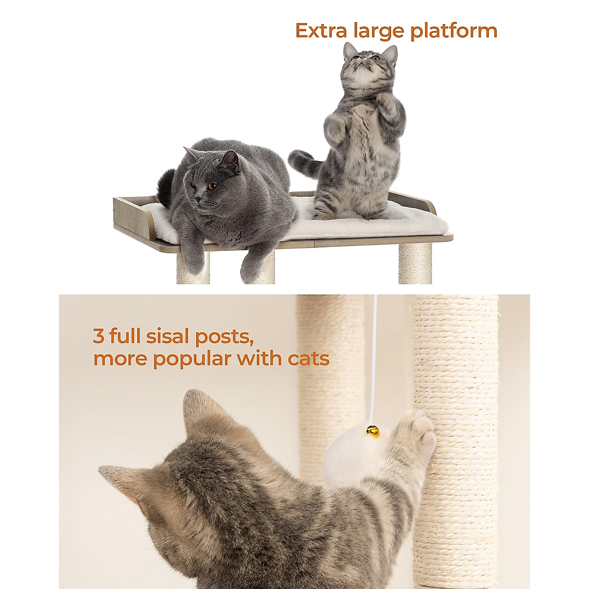 FourFurPets 22in Cat Tree Tower Condo, Cat Scratch Posts for Indoor Cats, Big Plate, Three 23.6in Full Sisal Scratching Posts, Greige