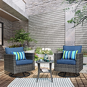 ovios Patio Bistro Set 3 Pieces Rocking Swivel Chairs with Side Table 360 Degree Rotating Outdoor Wicker Rocker Chairs for Yard Deck Porch, Grey Wicker, Denim Blue Cushion