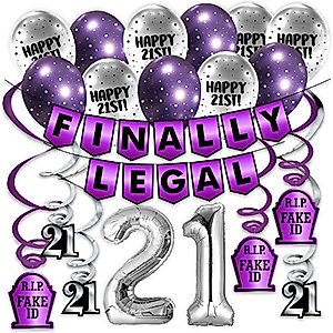 FINALLY LEGAL Purple Party Pack - 21st Birthday Banner, Balloon and Swirls Pack- Birthday Decorations - 21st Birthday Party Supplies, Favors and Gifts