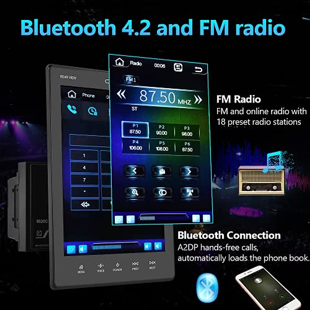 Podofo Double Din Apple Carplay Car Stereo 9.5 Inch Vertical Touch Screen Car Player Radio with Bluetooth, FM Radio, Mirror Link, SWC, USB + AHD Backup Camera