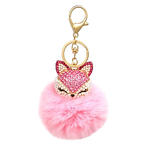 Honbay Faux Rabbit Fur Fluffy Keychain Fashion Fox Head Alloy Keychain Sparkly Rhinestone Handbag Backpack Car Keychain (Pink)