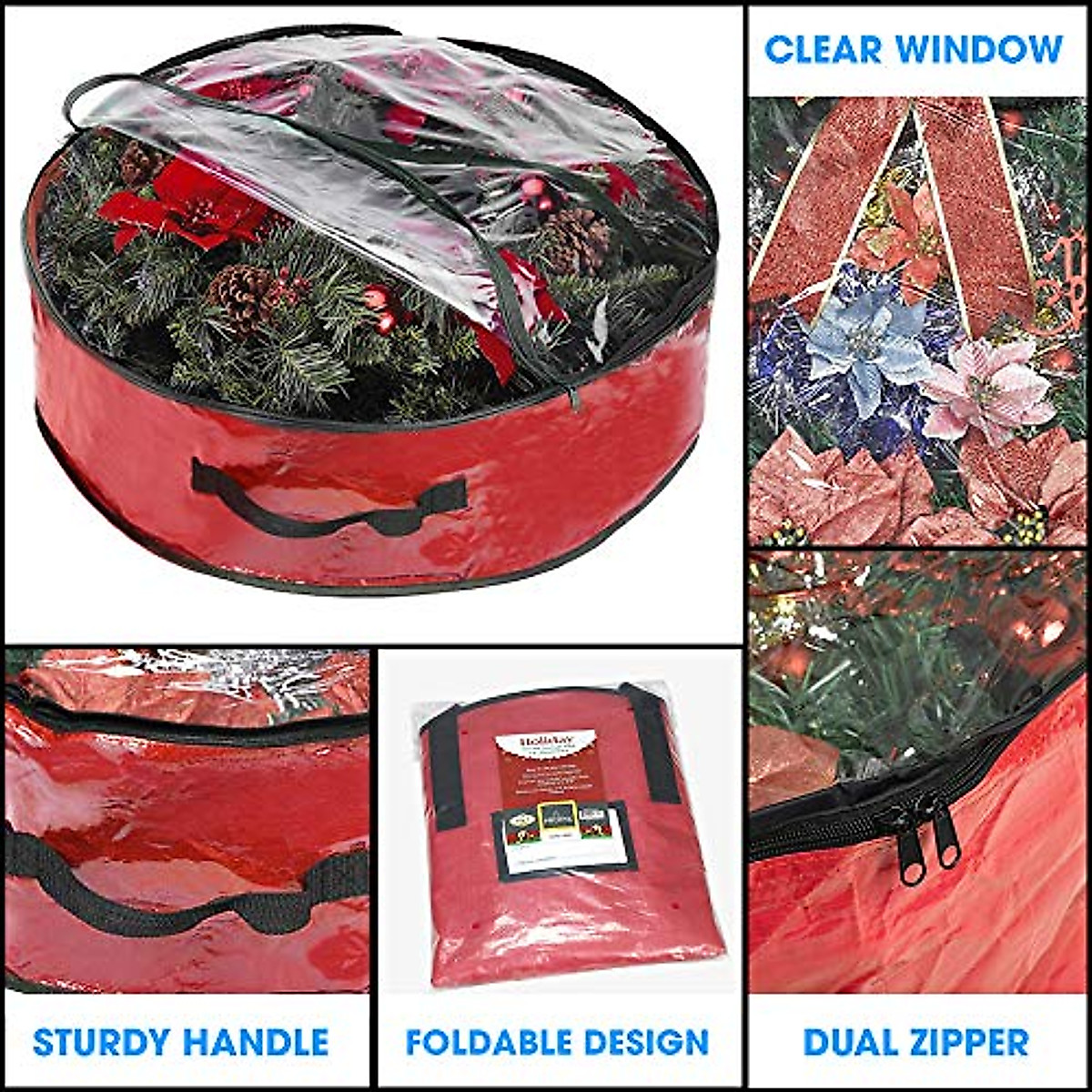 ProPik Christmas Wreath Storage Bag 36" - Garland Holiday Container with Clear Window - Tear Resistant Fabric - 36" X 36" X 8" (Red)