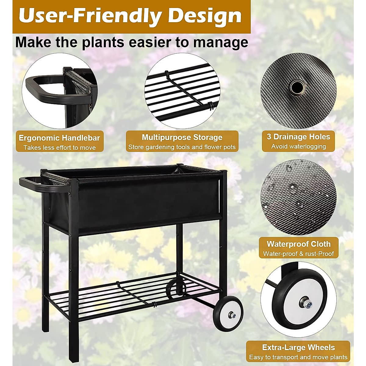 Koutemie Outdoor Raised Planter Box with Legs for Gardening, Elevated DIY Garden Bed Cart on Wheels for Vegetables Flower Tomato Herb Plant, Black