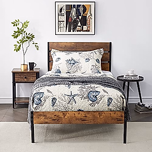 VECELO Platform Twin Bed Frame with Rustic Vintage Wood Headboard, Mattress Foundation, Strong Metal Slats Support, No Box Spring Needed