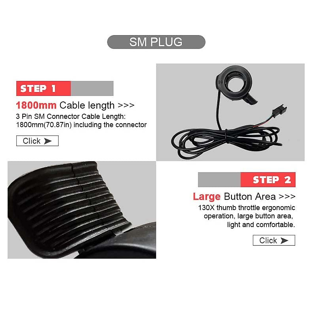 SCHUCK Ebike 130X 3 Pin SM Connector 22.2 mm Handlebar Tube Black Thumb Throttle 12V-72V Common to Left and Right Handlebar Control Speed for Electric Bicycle Accessories/Parts