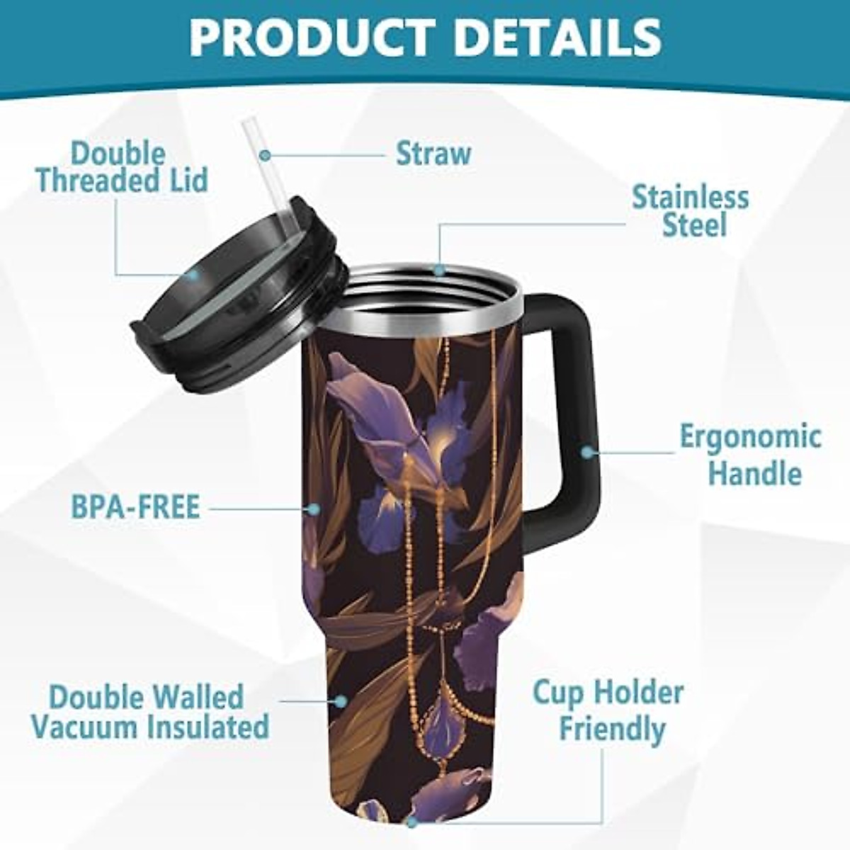 Bokkoy Iris and Chain 40 oz/30 oz Tumbler with Handle and Straw Stainless Steel Tumbler with Lid Reusable Vacuum Insulated Cup