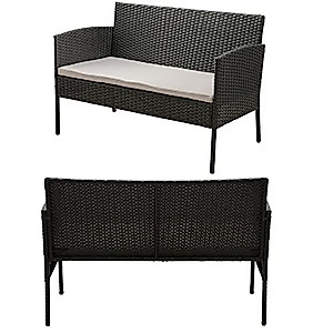 GURLLEU Rattan Sofa Furniture Set, Outdoor Patio Conversation Chair, Loveseat and Tempered Glass Coffee Table, Loveseat for Garden Lawn (Black and White Cushions) (Set 4 Pieces)