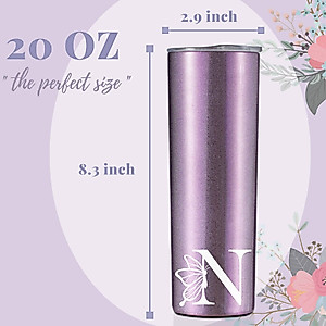 Purple Butterfly Gifts with Initial for Butterfly Lovers, Initial 20oz Stainless Steel Wine Tumbler with Butterfly Alphabet Design, Perfect for Women & Girls, Birthday, Christmas, Mother's Day - J