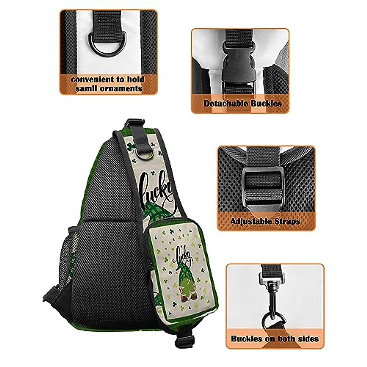 Sling Backpack, St. Patrick's Day Gnome Shamrock Green Plaid Waterproof Lightweight Small Sling Bag, Travel Chest Bag Crossbody Shoulder Bag Hiking Daypack for Women Men
