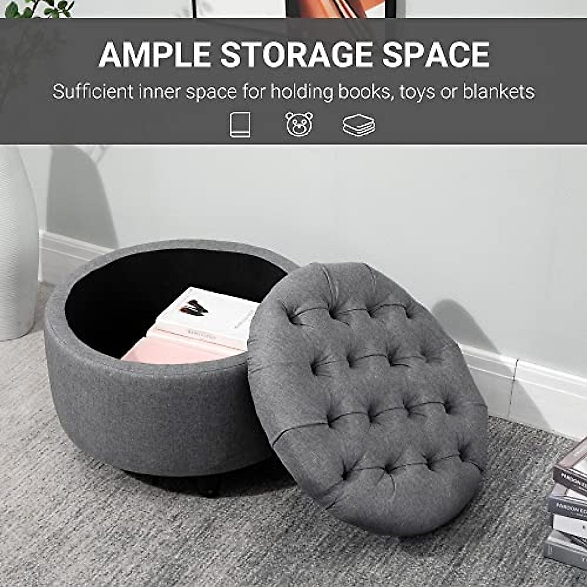 HOMCOM Round Linen-Touch Fabric Storage Footstool Ottoman Button Tufted Footrest with Removable Lid, Grey