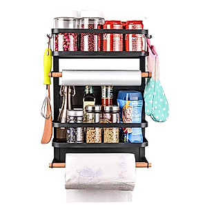 Magnetic Fridge Organizer with 2 Paper Towel Holder, Large Foldable Strong Magnetic Spice Rack with 5 Removable Hooks，Magentic Shelf Hold up to 30LBS (Black)