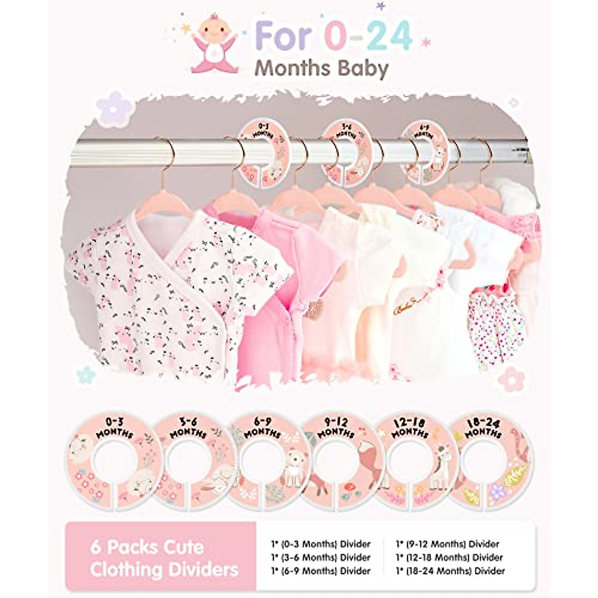 Kids Velvet Hangers, VIS'V 11 Inch Pink Non-Slip Baby Clothes Hangers with 6 Pcs Cute Clothing Dividers for Infant Toddler Boys & Girls Closet Organizer - 30 Pack