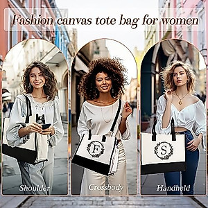 QLOVEA Large Initial Canvas Tote Bag with Zipper Travel Beach Bag with Embroidery Initial Gifts for Her Women