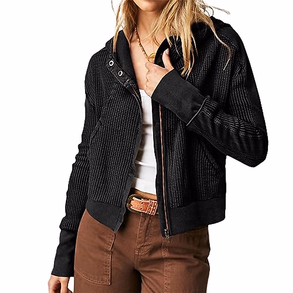 Azuki Sweatshirt Women Trendy - Effortlessly Stylish And RelaxIng Activewear With Waffle Grid Fabric-Size L Black