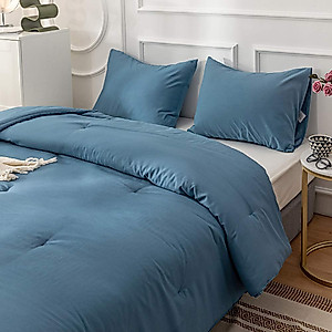 Pureant Blue Comforter Set Queen 3Pcs Dusty Blue Bedding Comforter Sets for Women Men Cotton Lake Blue Queen Comforter Soft Grayish Blue Queen Size Comforter Sets Solid Haze Blue Quilt Breathable