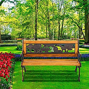 YRLLENSDAN Metal Patio Bench for Kid, 32in Wood Small Outdoor Bench Clearance Cute Children Bench Outside Bench Animals Back Garden Bench for Porch Lawn- Bronze