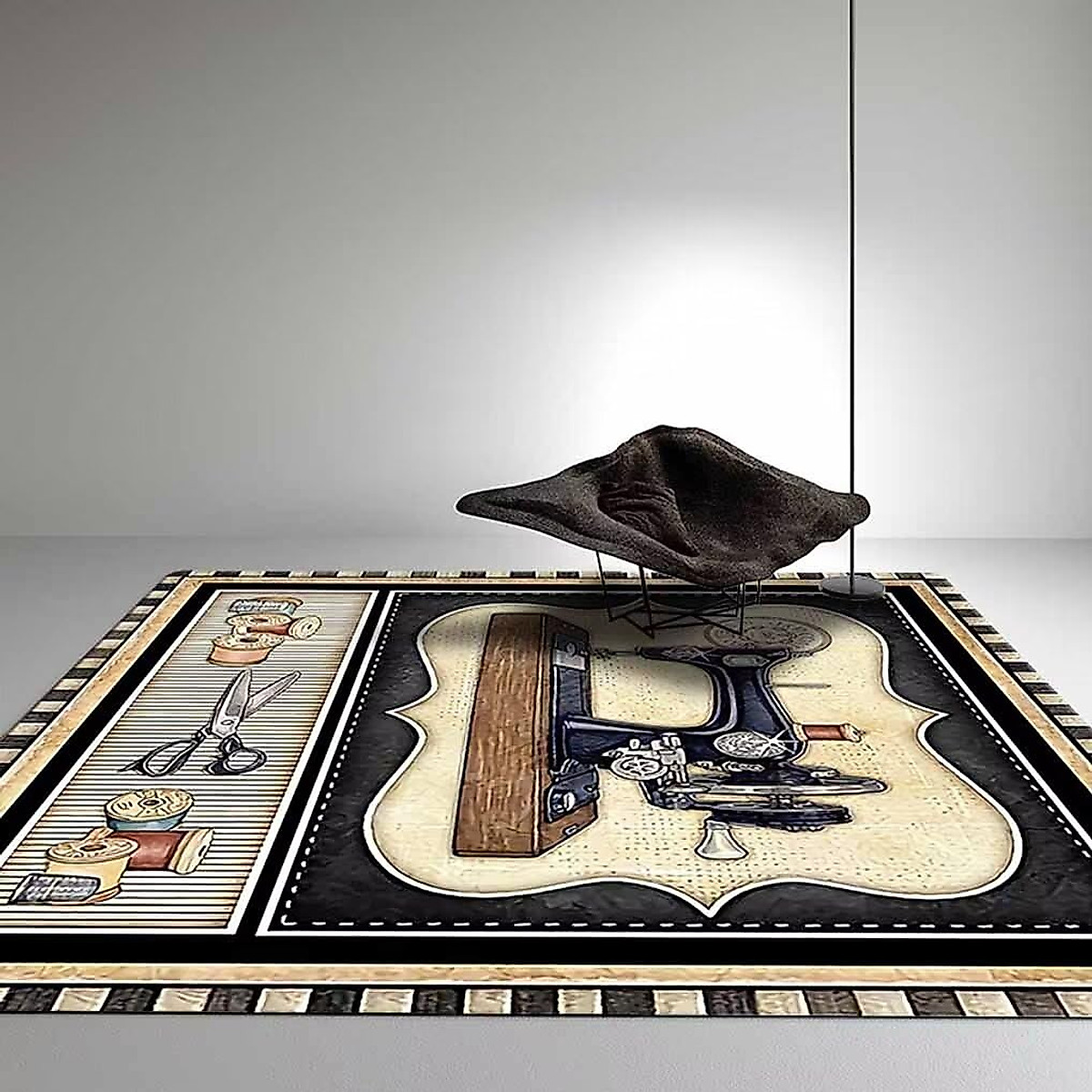 Soyalie Vintage Sewing Machine Themed Area Rug for Entrance Kitchen Non-Slip Black and White Striped Scissors Bordered Carpet Dorm Decor Fun Fashion Carpet 3'x5'