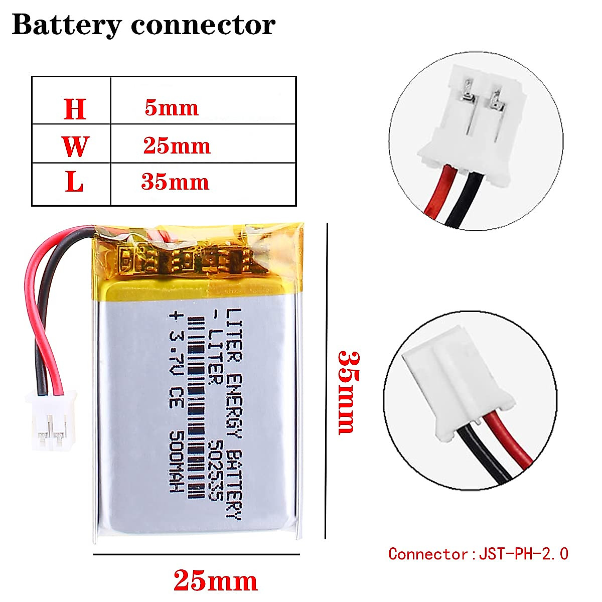 Liter energybattery 3.7V Lipo Battery 500mAh Rechargeable Lithium ion Polymer Battery 502535 Lithium Polymer ion Battery with JST Connector