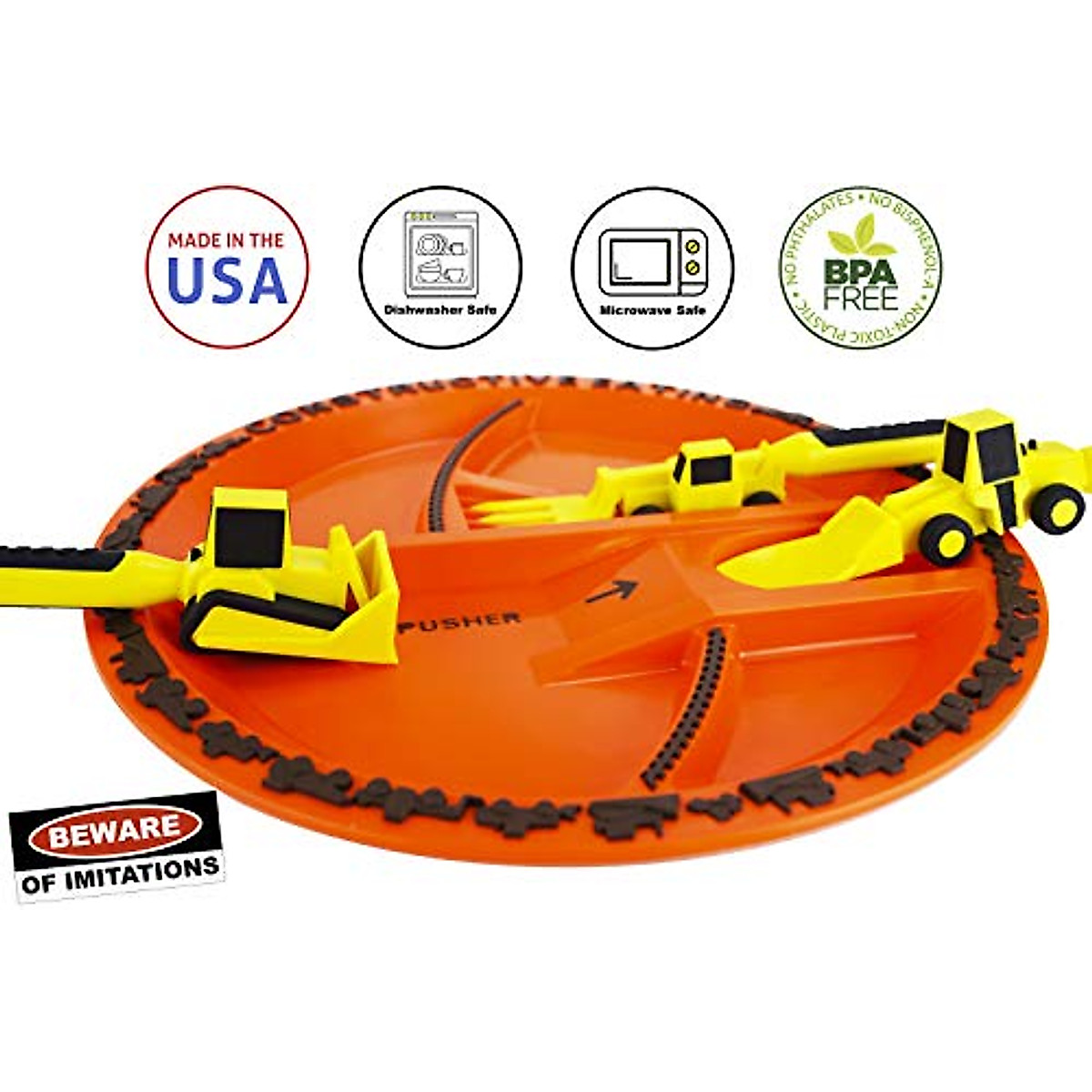 Constructive Eating Made in USA Toddler Dining Set: Kids Placemats for Dining Table with Construction Plate & Utensils, Perfect Toddler Boy Gifts or Toddler Girl Gifts for 2 Year Old, Toddler Forks and Spoons for Picky Eater