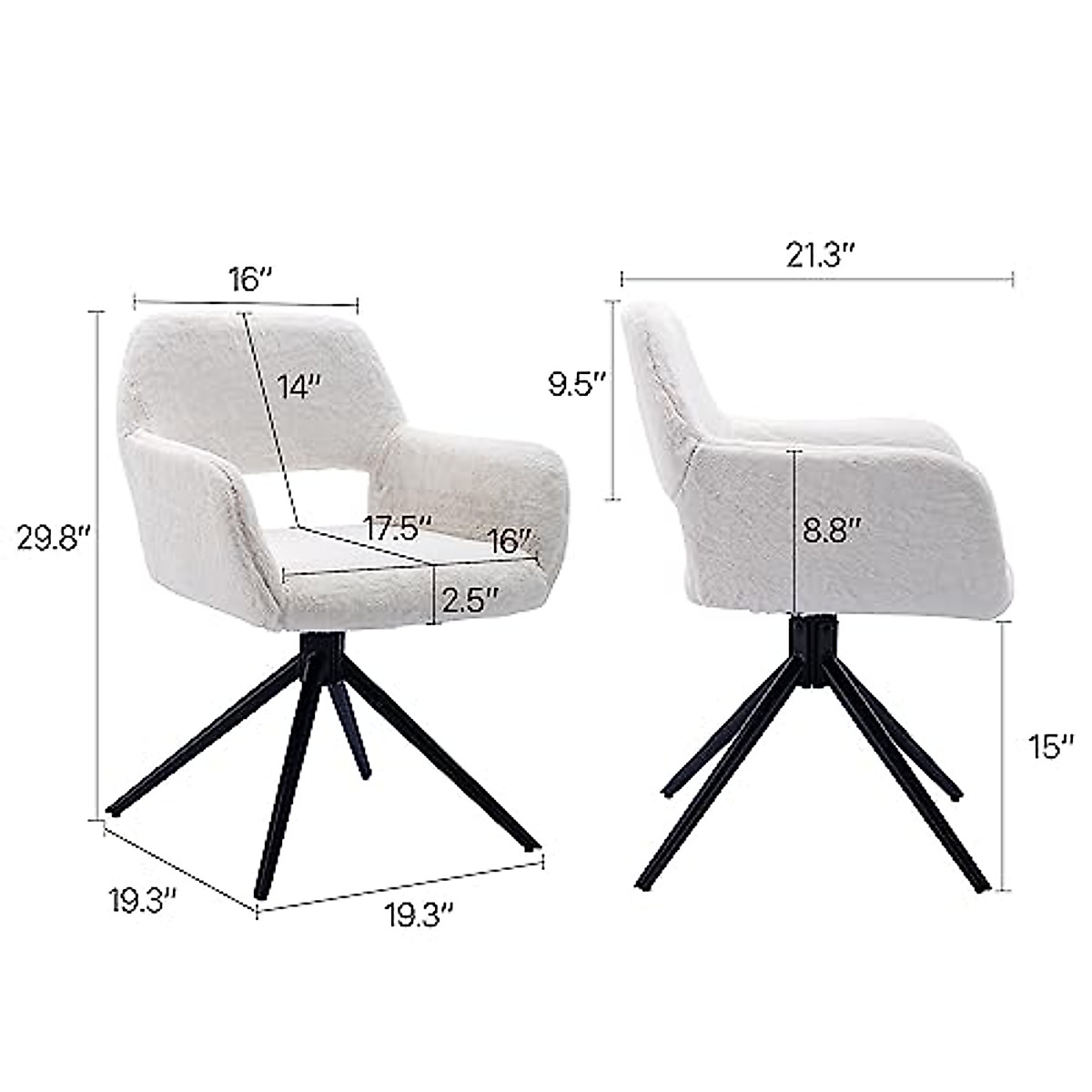ABET Fluffy Desk Chairs Set of 2, Modern Swivel Accent Home Office Chair No Wheels, Hollow Back & Metal Legs, Faux Fur Vanity Chair for Teen Girls Women Side Armchair for Bedroom Living Room White