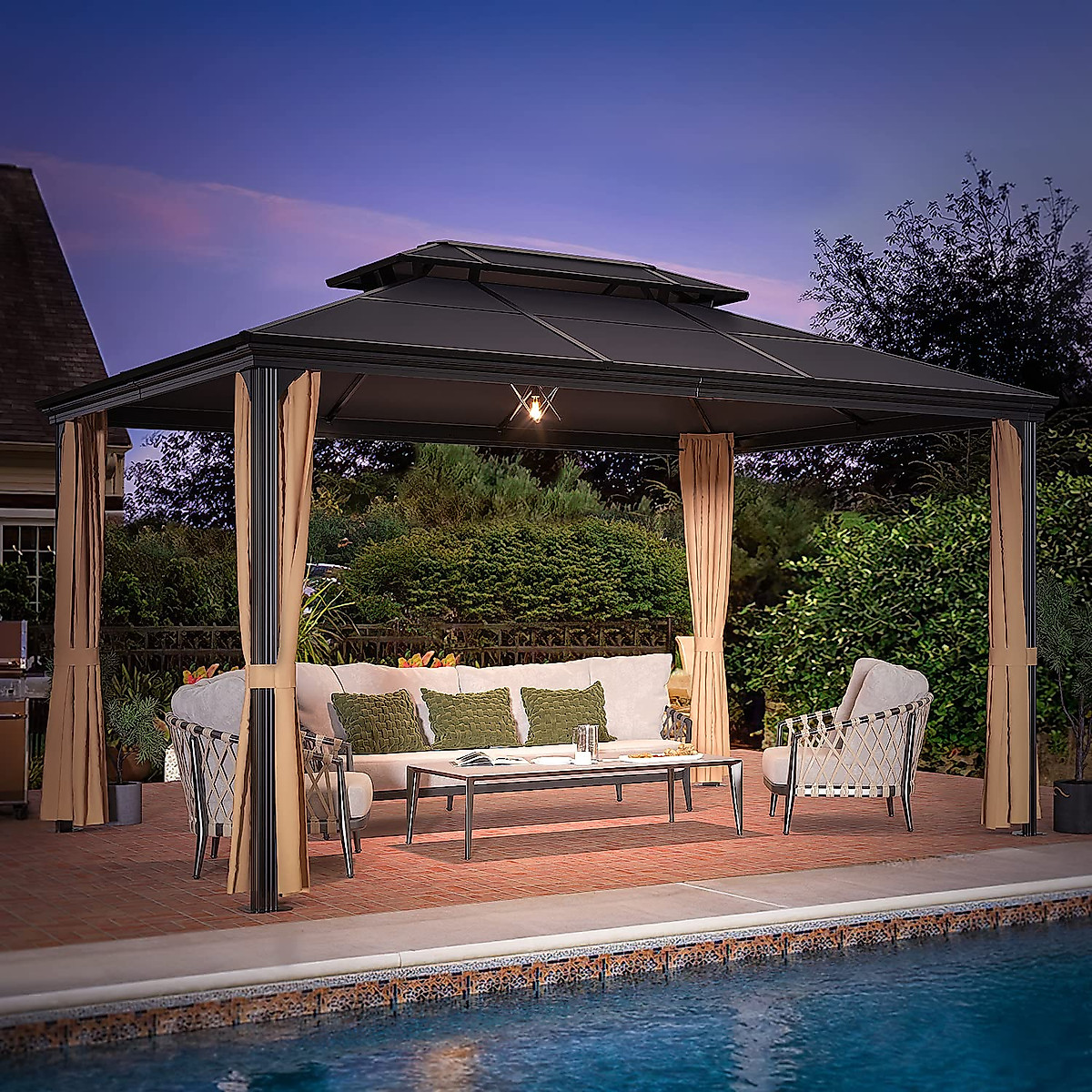 Greesum 10'x13' Hardtop Polycarbonate Gazebo, Outdoor Steel Double Roof Canopy, Aluminum Frame Permanent Pavilion with Netting and Curtains for Lawns, Patio, Backyard and Deck