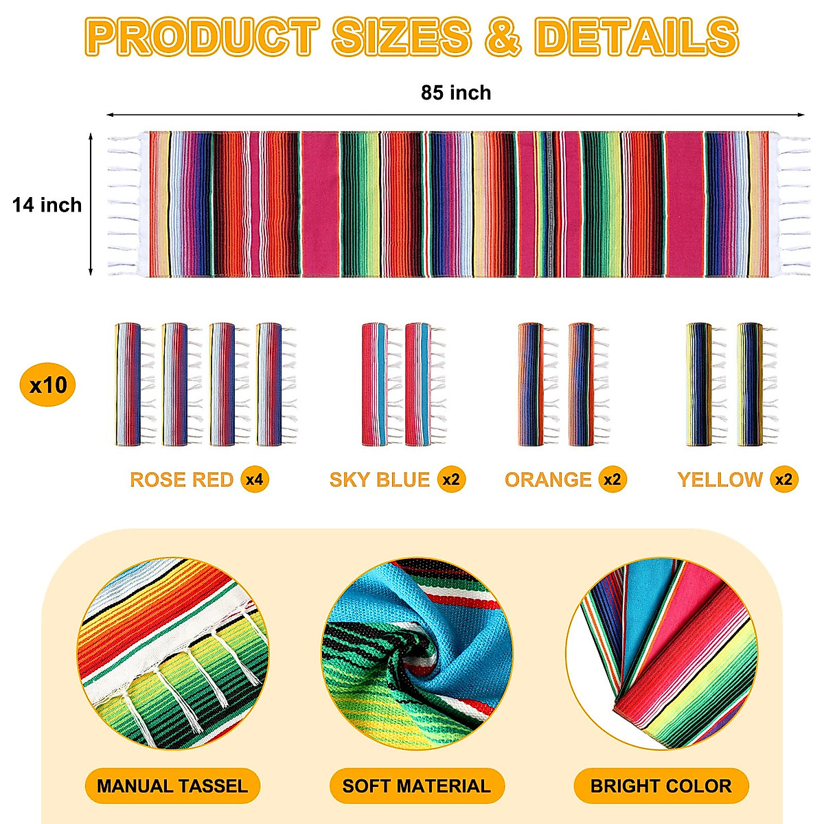 10 Pack 14 x 84 in Mexican Serape Table Runners, 29 Pcs Papel Picado Banner, Fiesta Hanging Banner and Pennant Flag Banner Colorful Bunting Banner for Mexican Theme Party (Rose, Blue, Orange, Yellow)