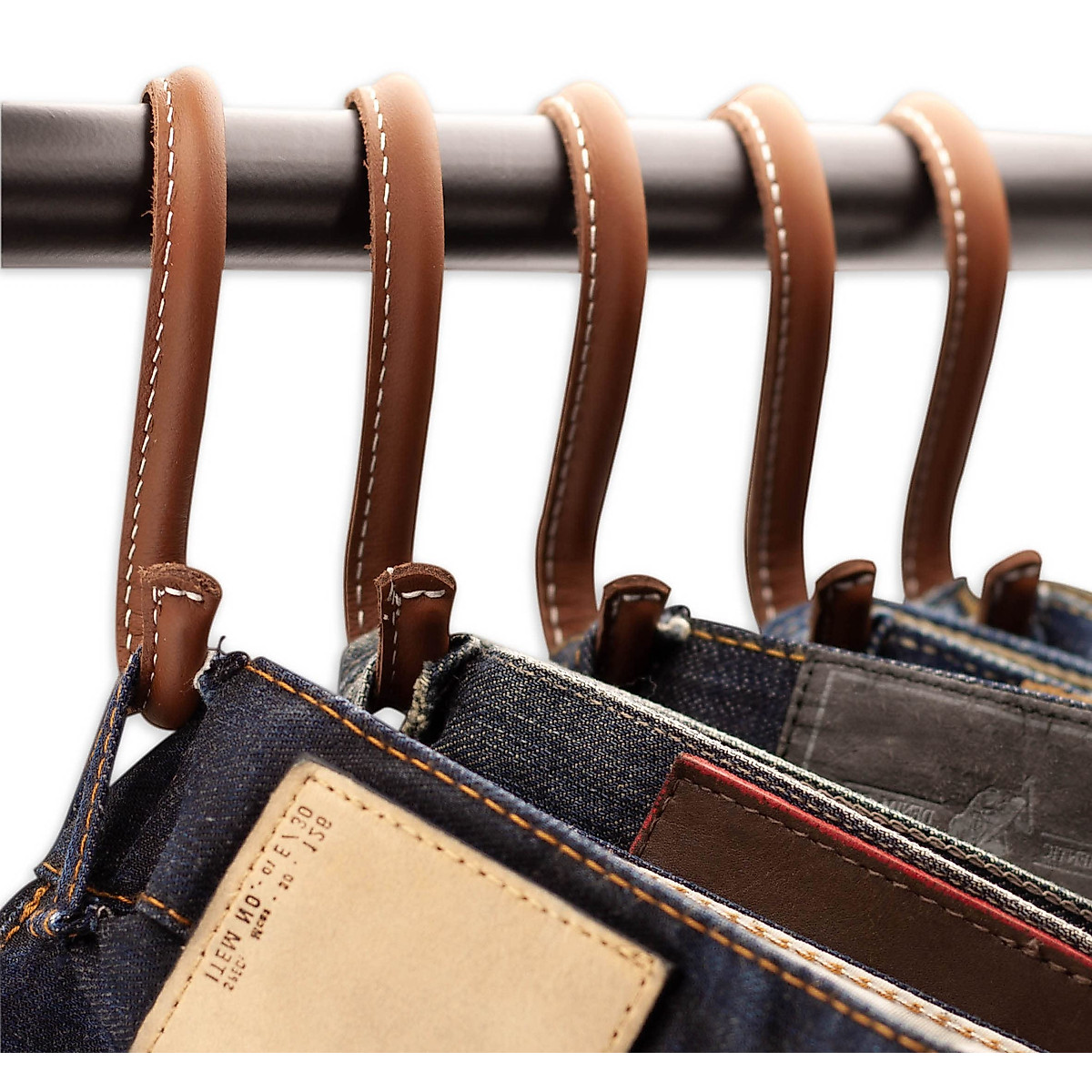 Brute Strength - S Shaped Hooks Wrapped in Full Grain Leather - 6 pcs - Cognac - Stainless Steel Metal Hangers Hanging Hooks for Kitchen - Leather Hooks - Leather s Hooks