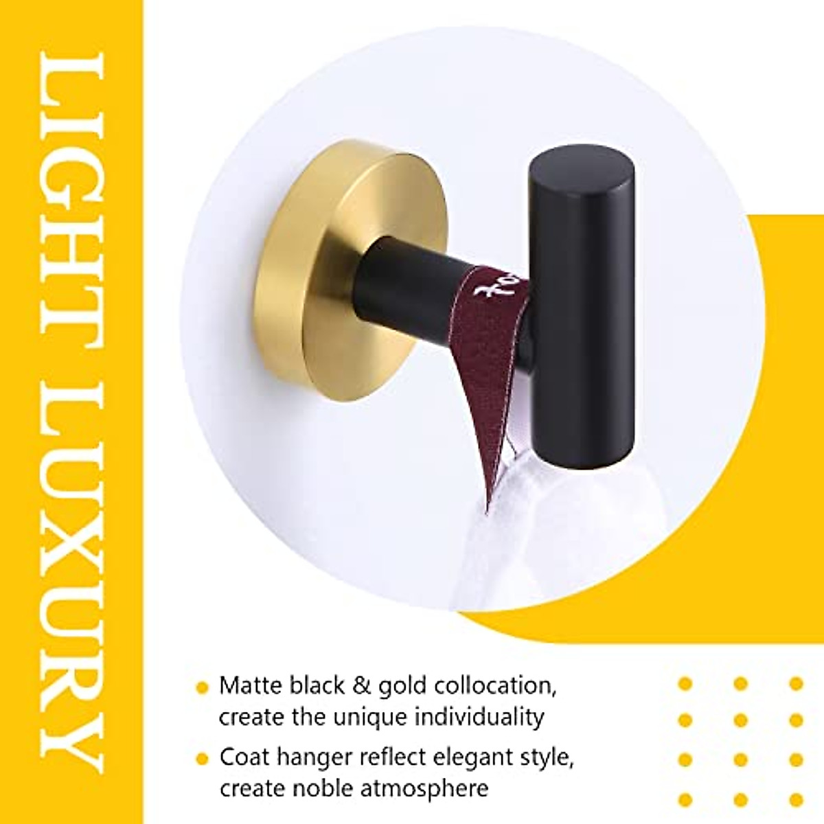APLusee Robe Towel Hook Matte Black and Gold, 304 Stainless Steel Single Prong Coat Hook Bathroom Kitchen Garage Home Storage Round Utility Hanger