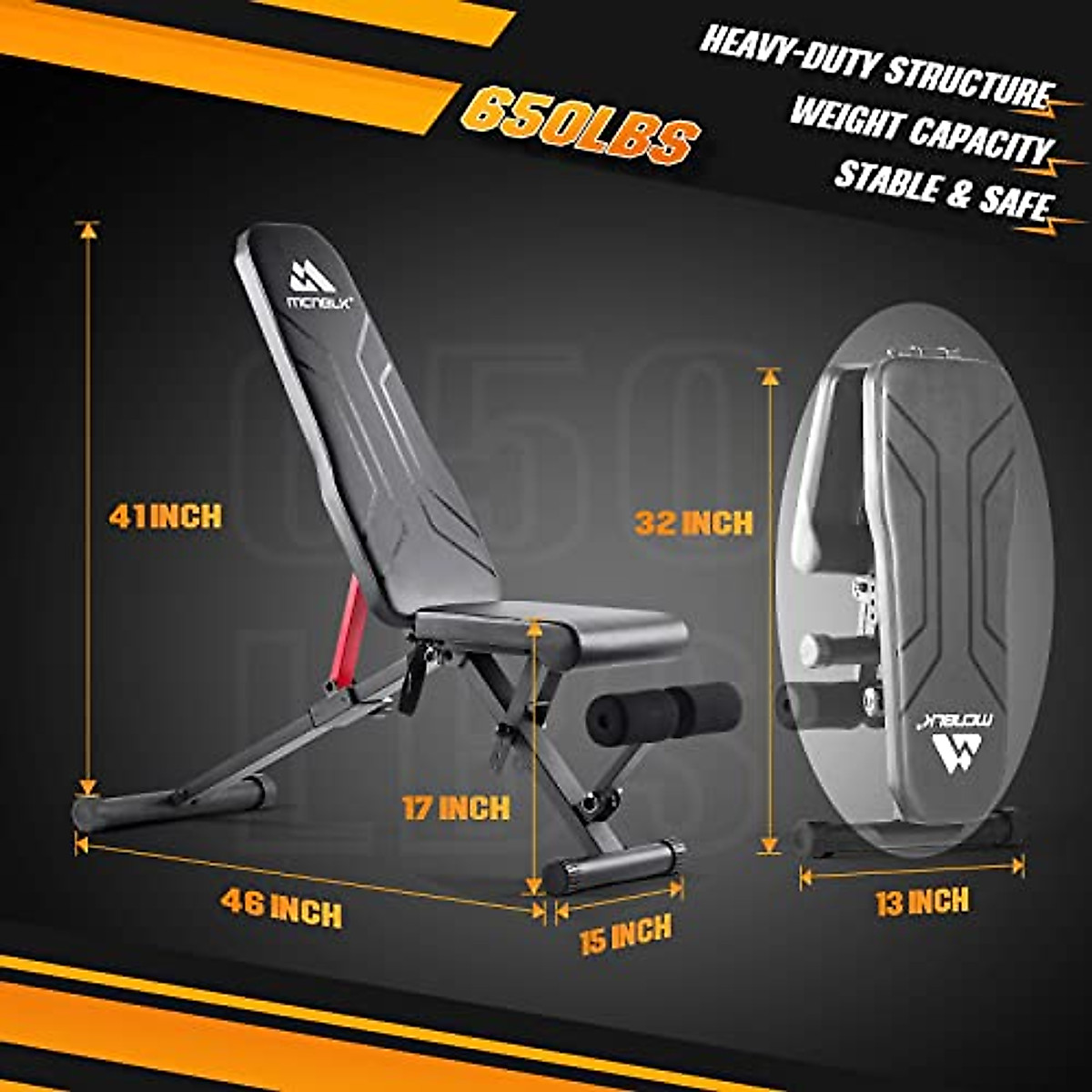 Adjustable weight bench, Foldable Workout Bench with 8+4+3 Angles and Quick Adjustable knob（Automatic Lock) - Weight capacity 650lbs, Easy to assemble