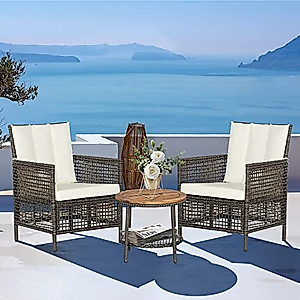 RELAX4LIFE 3 Pieces Patio Furniture - Set of 3 Patio Chairs, PE Wicker Bistro Set with Cushions, Outdoor Conversation Set with 2-Tier Acacia Wood Coffee Table for Backyard, Porch, Balcony Furniture
