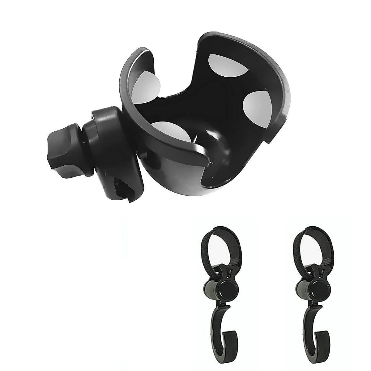 NUOSHIKE Stroller Cup Holder, Baby Water Bottle Holder, Bicycle Bottle Holder, Wide Calibre, Universal Cup Holder for Rollator, Boat, Walker, Wheelchair, with 2 pcs Stroller Hook SCH4037 Black