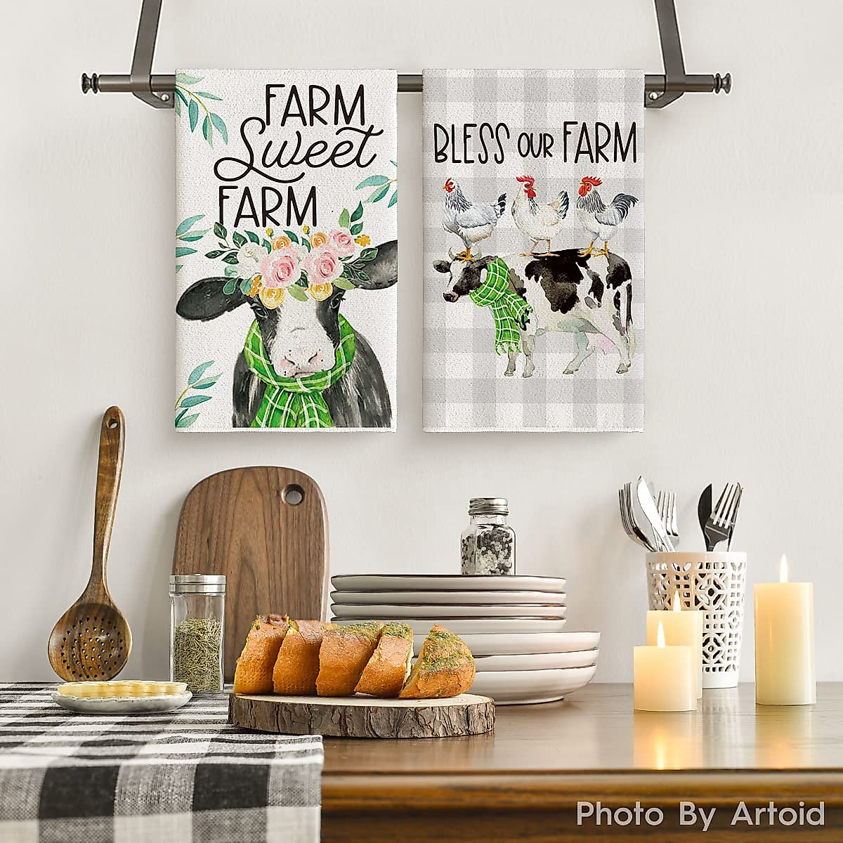 Artoid Mode Cattle Sheep Chickens Duck Farm Sweet Farm Kitchen Towels Dish Towels, 18x26 Inch Buffalo Plaid Leaves Decoration Hand Towels Set of 4