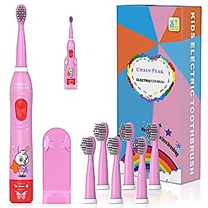 CHAIN PEAK Kids Sonic Electric Toothbrush, Rechargeable Smart Toothbrush for Children Toothbrush for Toddlers Age 3-12 with 30s Reminder, 2 Mins Timer, 6 Modes, 6 Brush Heads, Wall-Mounted Holder