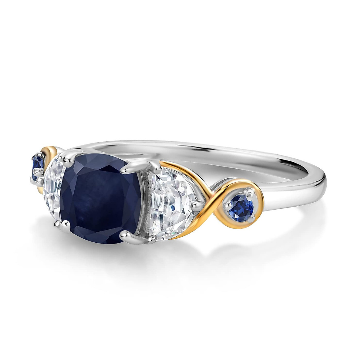 Gem Stone King 925 Silver and 10K Yellow Gold Cushion Sapphire Half Moon Moissanite 3-Stone Engagement Ring For Women (1.96 Cttw, Available In Size 5, 6, 7, 8, 9)