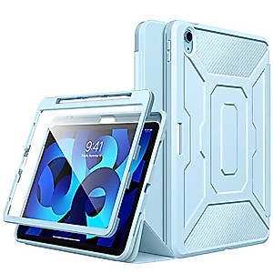 MoKo Case Fit iPad Air 5th/4th Generation 10.9 2022/2020, [Support Touch ID] [Built-in Screen Protector] Full-Body Shockproof Case Smart Shell Stand Cover with Auto Sleep/Wake & Pencil Holder,Sky Blue