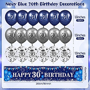 Blue 30th Birthday Decorations for Men Women, Navy Blue Silver Happy 30th Birthday Yard Banner, Blue 30th Birthday Balloons for 30th Birthday Anniversary Party Decorations Supplies