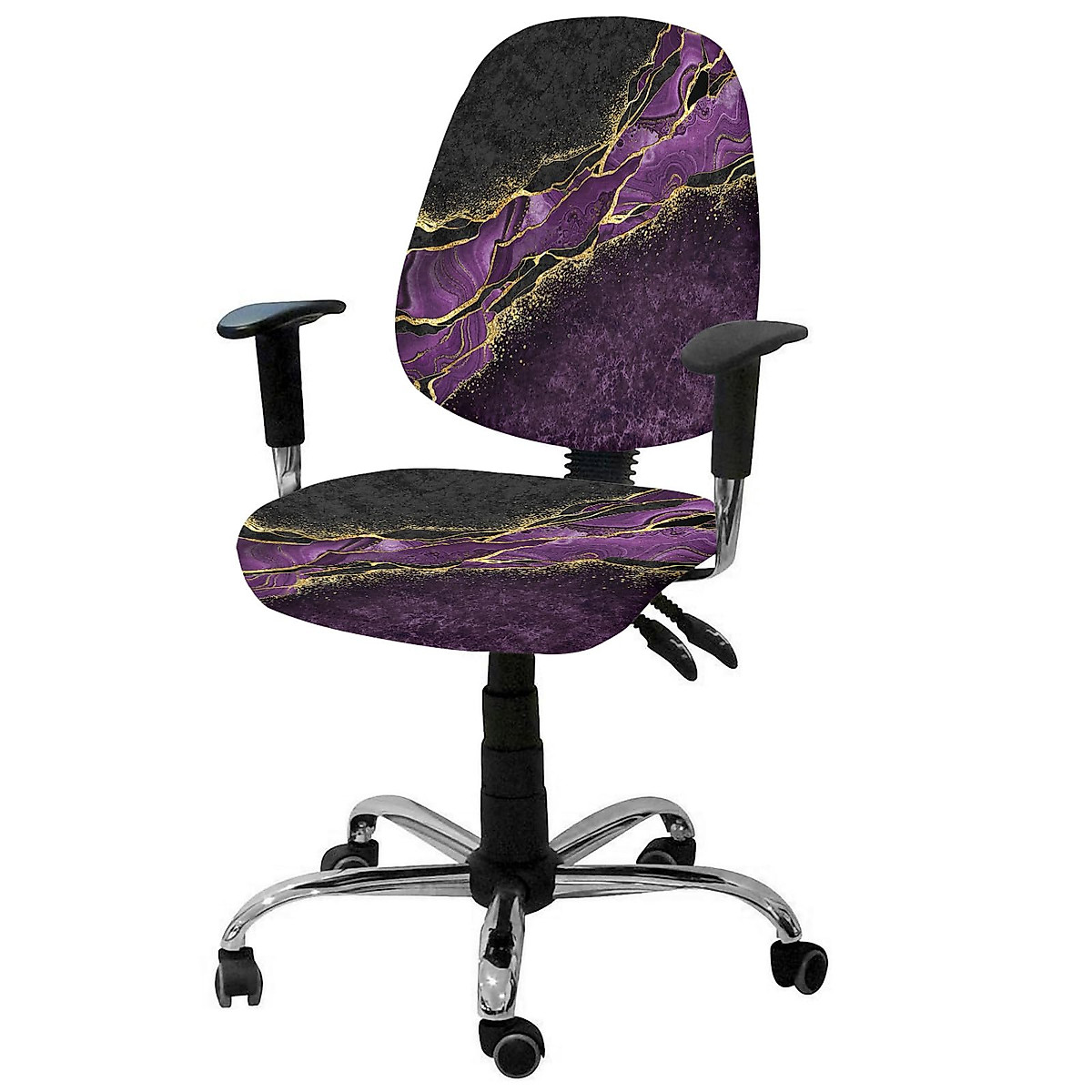 Marble Purple 2 Pieces Computer Office Chair Covers Set, Stretchable Desk Rotating Chair Seat Cushion Slipcover Back Covers, Decorative Protectors Cover Abstract Modern Minimalist Black Gold