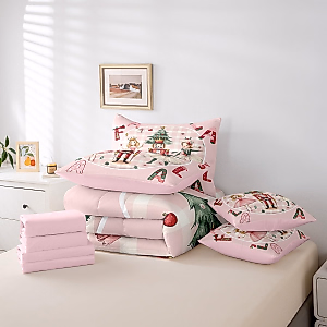 Erosebridal Pink Christmas Bed in A Bag with Sheets Full Plaid Nutcracker 7 Piece Comforter Set Christmas Nutcracker Bedding Set for Kids Girls Adults,Winter Xmas Holiday Bedding Comforter Sets