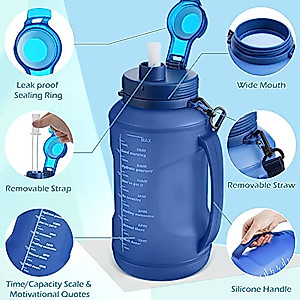 Augot Collapsible Water Bottle, 2L/64OZ Large Capacity Water Bottle with Straw Half Gallon Silicone Foldable Water Bottle with Carrying Strap & Time Markings for Outdoor Travel Runing Fitness (Blue)