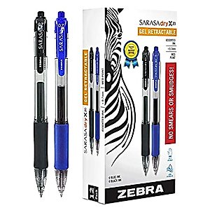 Zebra Sarasa Retractable Gel Ink Pens, Medium Point 0.7mm, Bulk Combo Pack of 6 BLUE Gel Pens & 6 BLACK INK Zebra Gel Pens (Black/Blue)