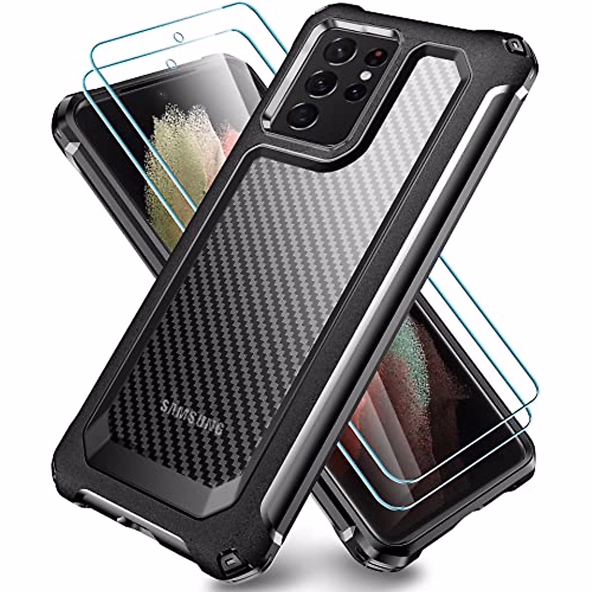 SUPBEC Samsung Galaxy S21 Ultra Case, Carbon Fiber Shockproof Protective Cover with Screen Protector [x2] [Military Grade Protection] [Anti Scratch], Phone Case for Samsung S21 Ultra 5G, 6.8", Black