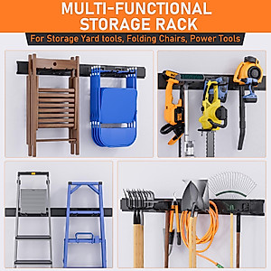 INCLY Garage Organization, 48 Inch Garden Tool Organizer Wall Mount Load 360lbs, Heavy Duty Garage Storage Rack with 3 Rails and 6 Adjustable Hooks for Hanging Yard Tool, Shovels, Rakes, Chairs