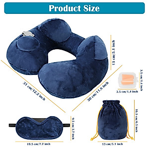 Self-Inflatable Travel Pillow with Eye Mask Earplugs Compact Bag, Inflatable Neck Pillow Support for Sleeping and Traveling, Airplane Pillow for Long Flight, Neck Cushion for Car Home Office Train