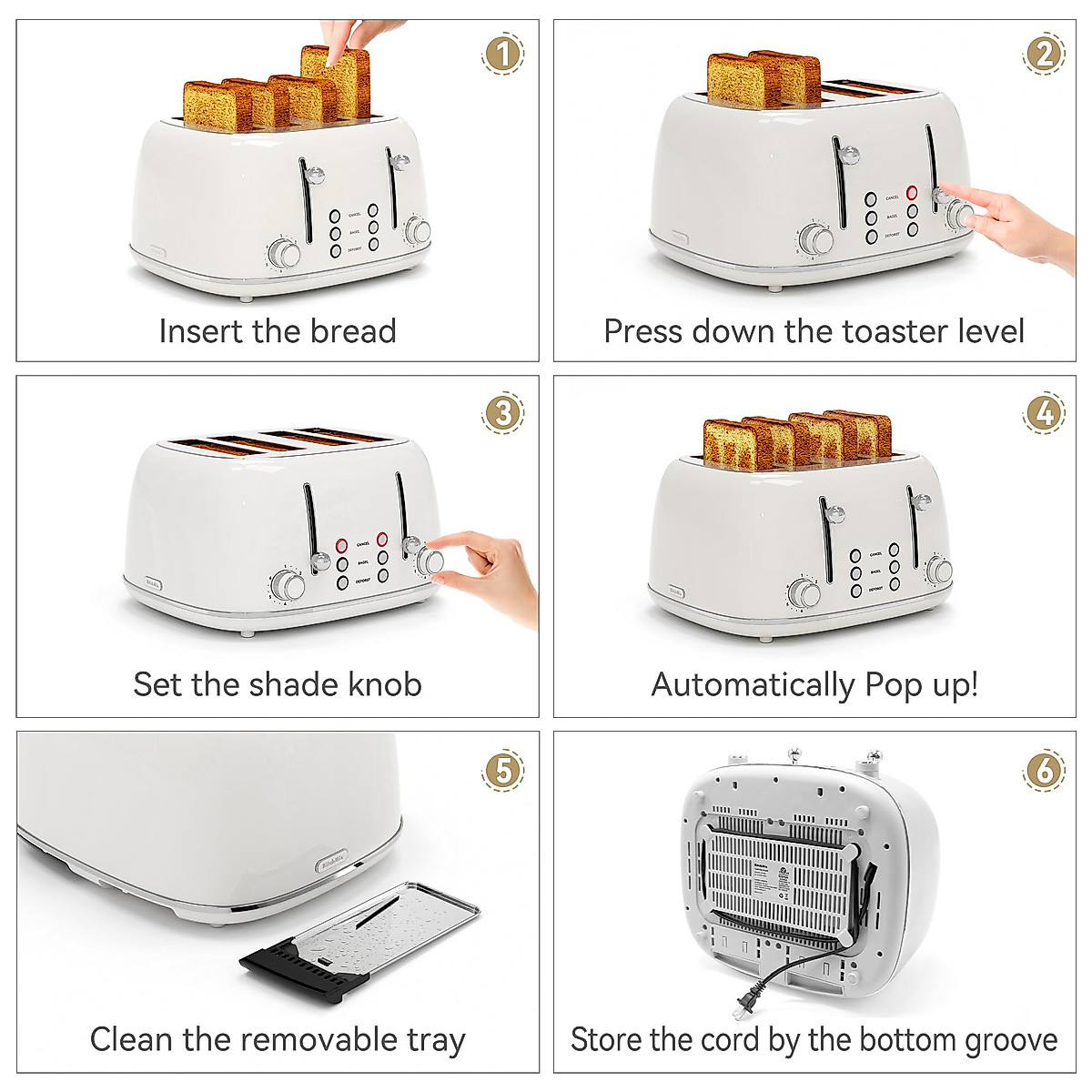 Toaster 4 Slice, Retro Stainless Toaster with 6 Bread Shade Settings,1.5''Wide Slots Toaster with Cancel/Defrost/Reheat Functions,Dual Independent Control Panel, Removal Crumb Tray and High Lift Lever (White)